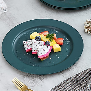 Kyraton 10 Inch Large Plastic Plates 8 Pieces, Dishwasher Safe, Unbreakable And Reusable Light Weight Dinner Plates Microwave Safe BPA Free (Dark Green)