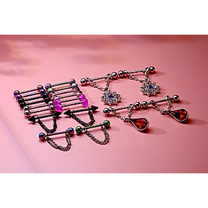 Ylqjksk Nipple Rings 14G Surgical Steel Nipple Piercing Jewelry for Women Plastic Glow Dark Nipple Rings Acrylic CZ Diamonds Heart Chain Dangle Nipple Shield 14MM 9/16 Inch，Rainbow Purple Barbell