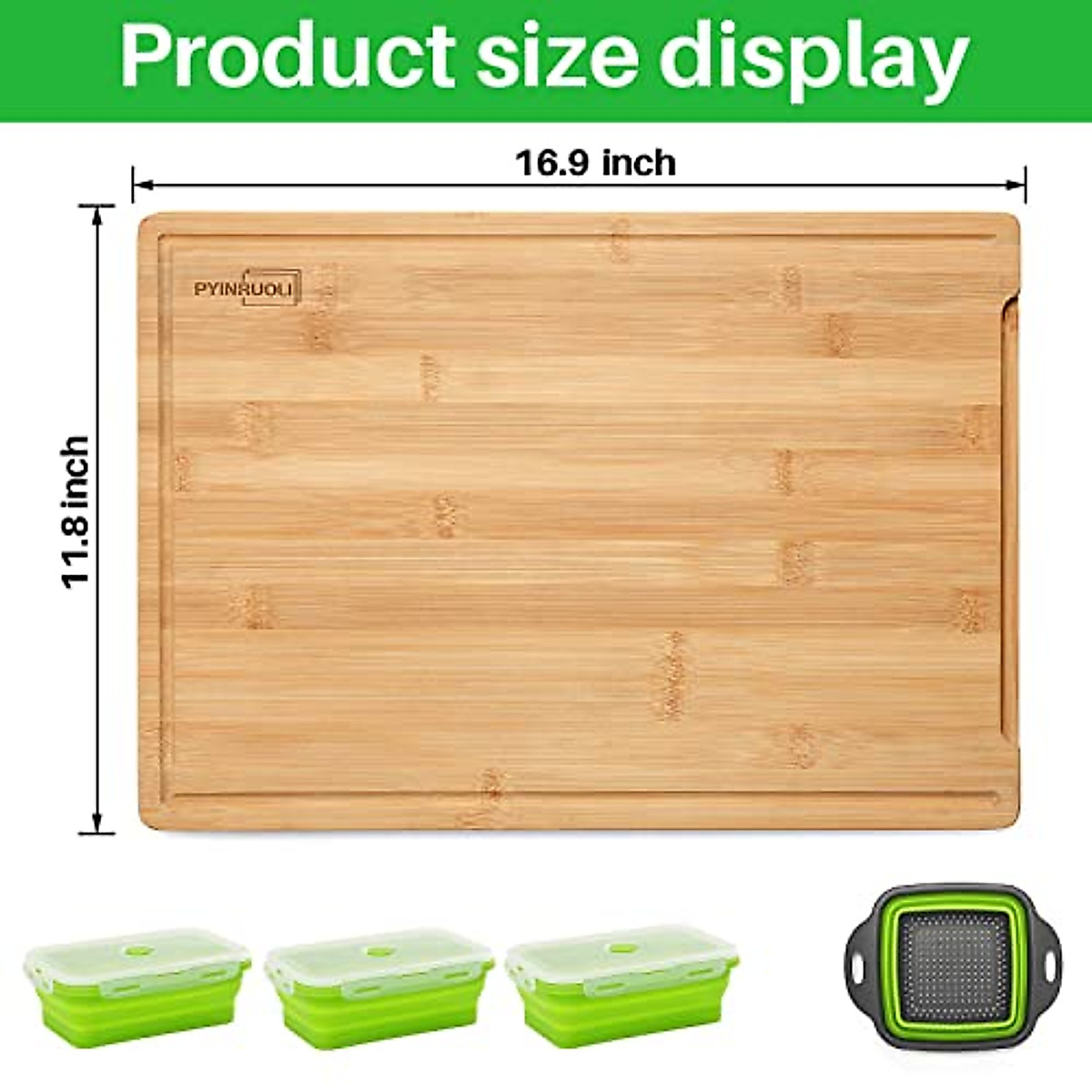 PYINRUOLI Expandable Bamboo Cutting Board With Containers,Over The Sink Cutting Board For Kitchen,Meal Prep deck For Food (Green) Large