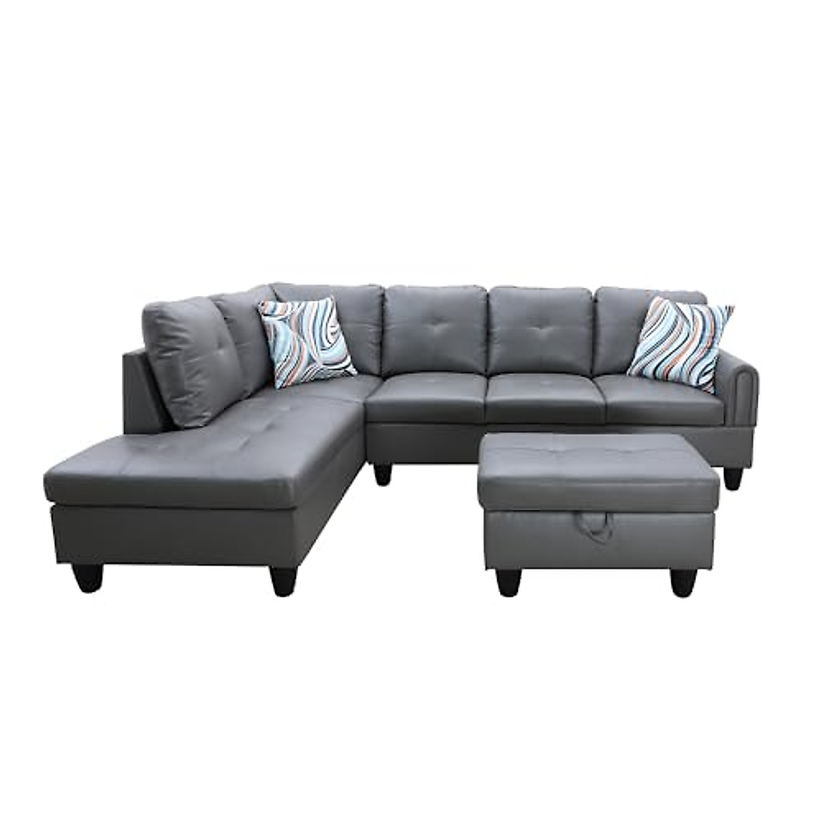 NOTOP 3-Piece Faux Leather L-Shaped Sectional Sofas, Button Tufted Upholstered Couch Set with Left Chaise Longue and Storage Ottoman, for Living Room, Home, Office, Dark Grey