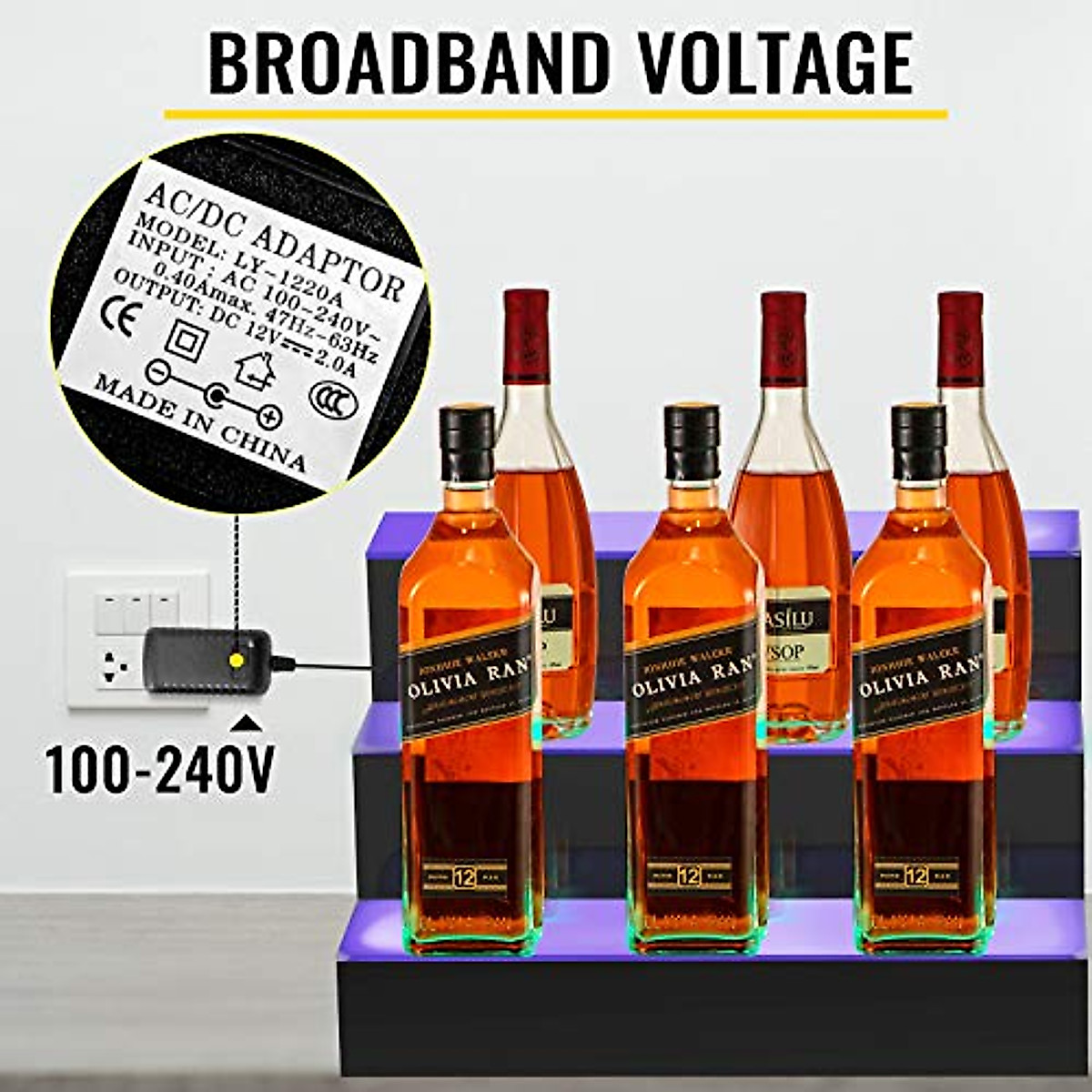 VEVOR LED Lighted Liquor Bottle Display Shelf, 16-inch LED Bar Shelves for Liquor, 3-Step Lighted Liquor Bottle Shelf for Home/Commercial Bar, Acrylic Lighted Bottle Display with Remote & App Control
