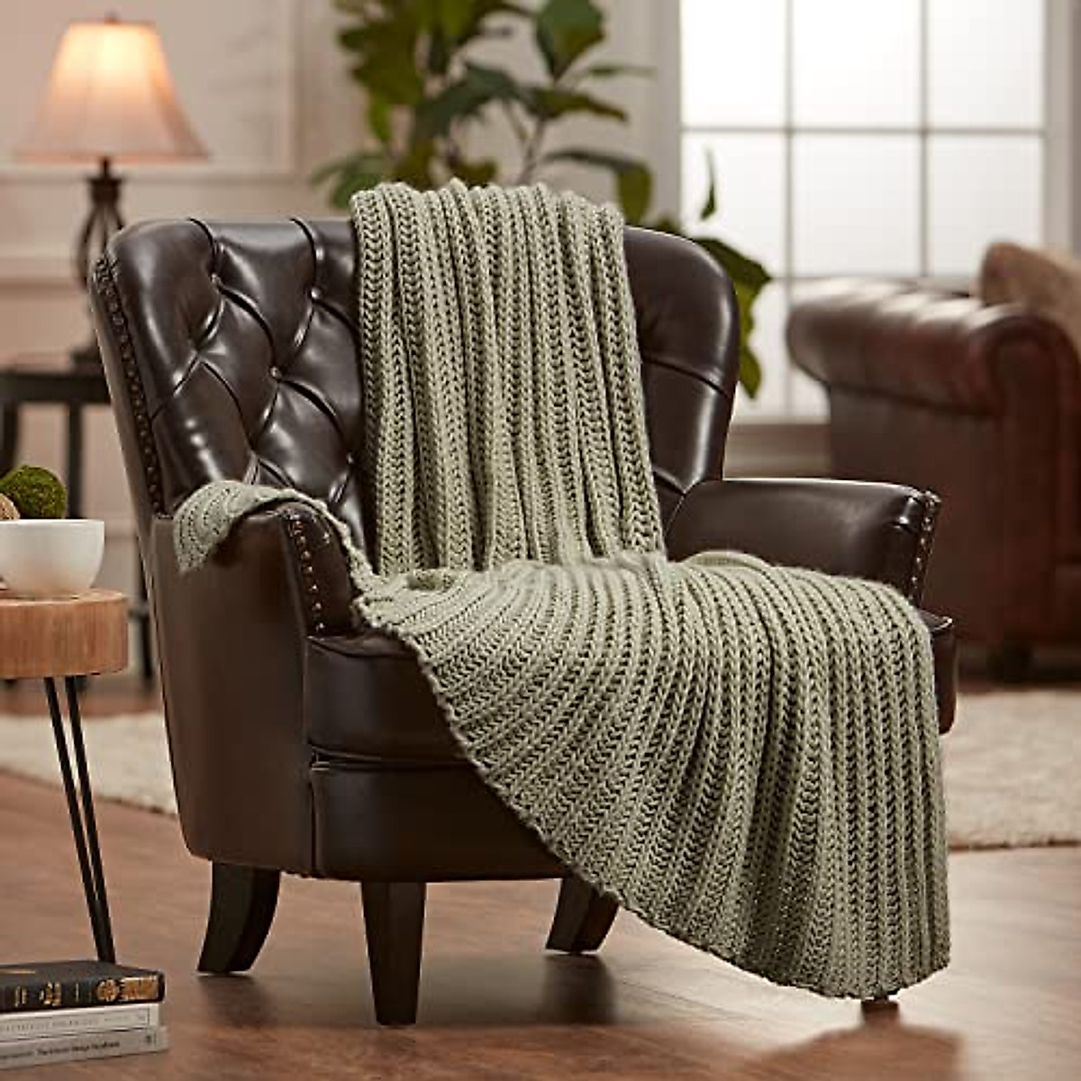 Chanasya Chunky Knit Fluffy Sage Green Throw Blanket - Contemporary Textured Super Soft Warm Cozy Plush Lightweight Acrylic Knitted Blanket for Couch Bed Sofa Chair Cover Living Bed Room - Sage