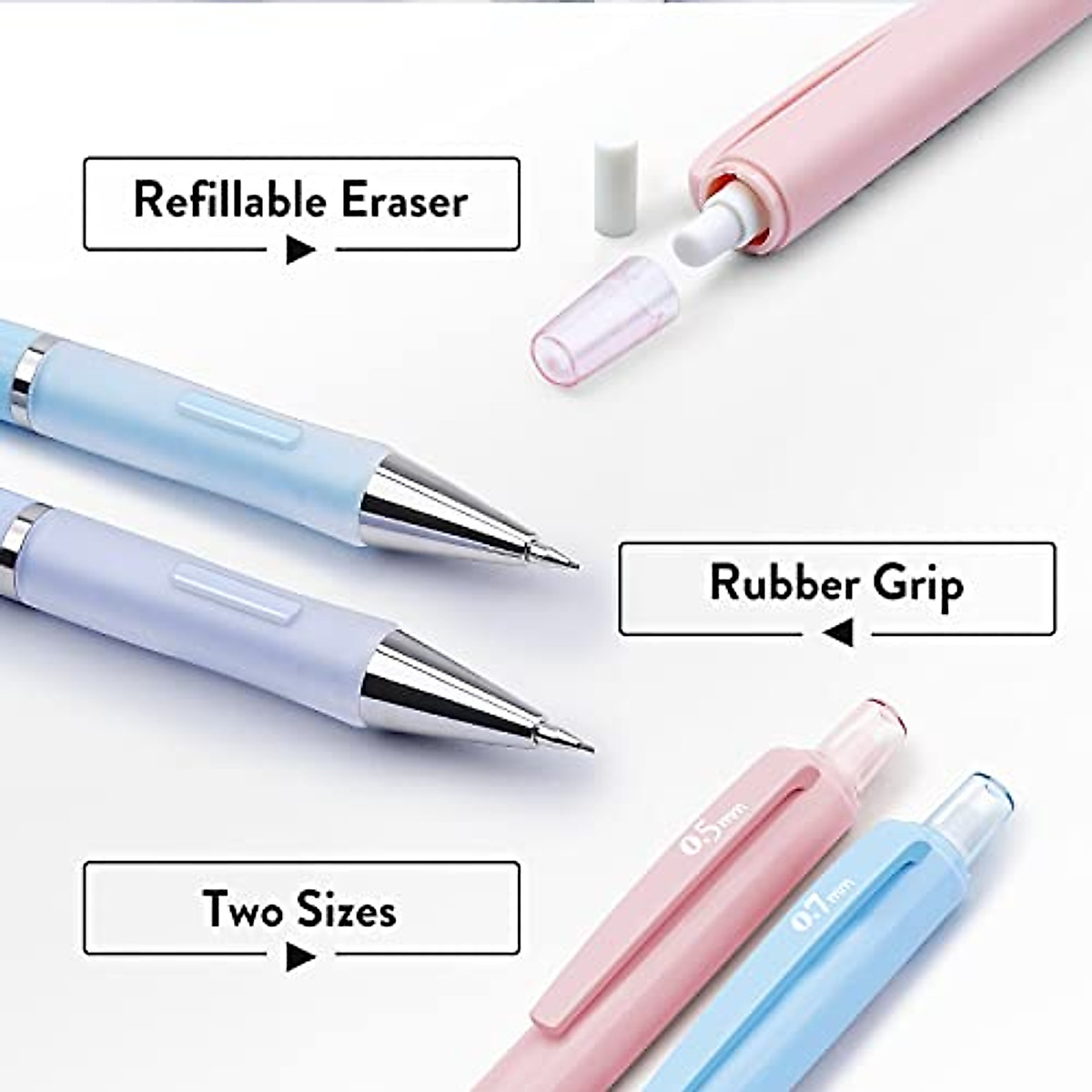 Four Candies Pastel Mechanical Pencil Set - 3PCS 0.7mm Mechanical Pencils with 360PCS HB Lead Refills, 3PCS Erasers and 9PCS Eraser Refills, Cute Colored Mechanical Pencils for Drawing & Writing