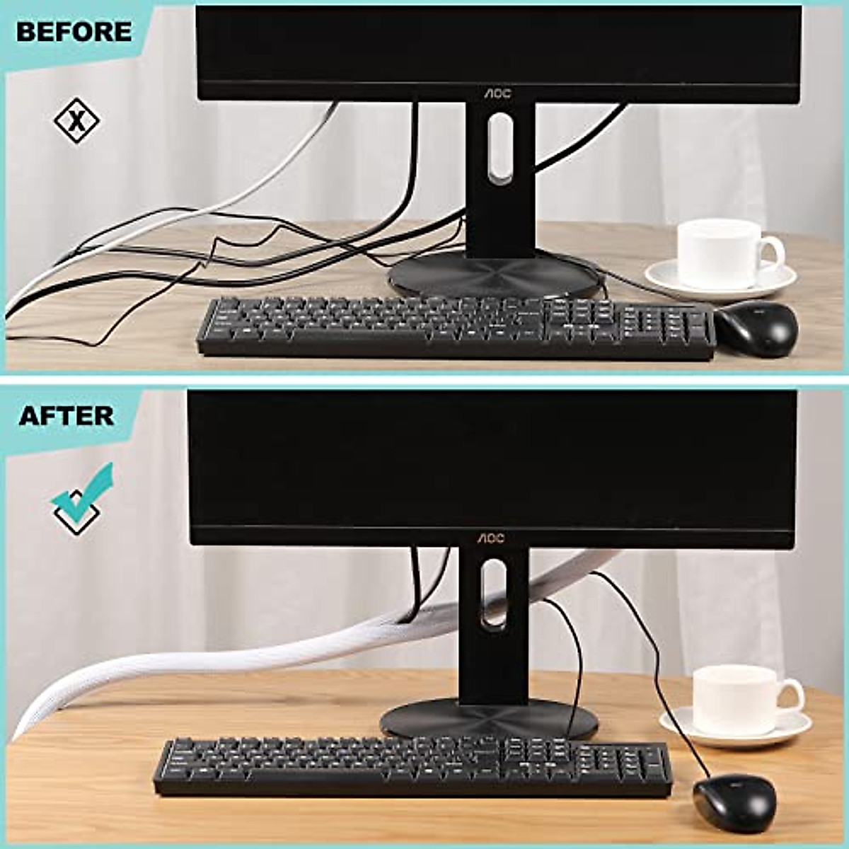 White Cable Sleeve Cover, 2 Pack 5ft - 1.2inch, AGPTEK Cord Management System for Desk PC TV Computer Projector Wires Protection and Organization, Home, Theater and Office, White