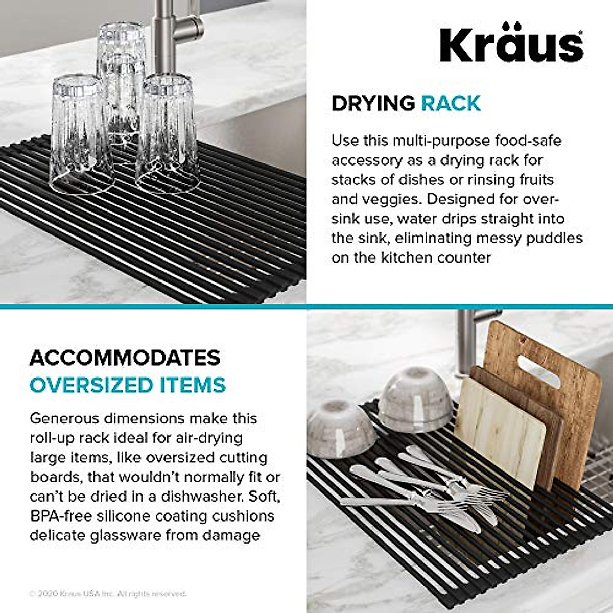 Kraus Multipurpose Over-Sink Roll-Up Dish Drying Rack, Colander and Trivet in Light Grey, KRM-10GREY