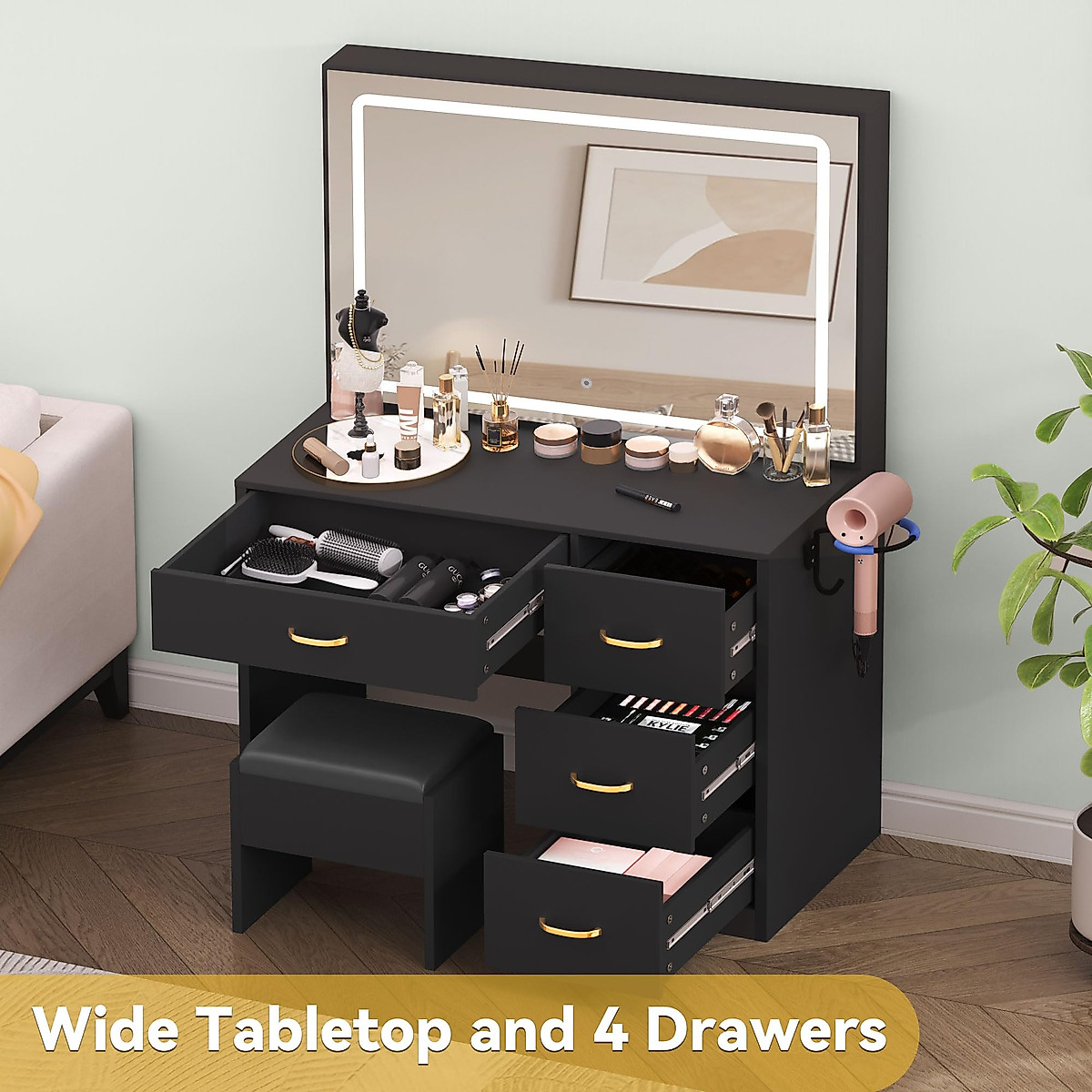 DWVO Makeup Vanity Table, Vanity Desk Set with Large Mirror and LED Lights, Brightness Adjustable, Vanity with 4 Drawers, Bedroom Vanity Table with Cushioned Stool for Women Girls, Charcoal Black