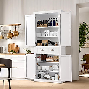 LOUVIXA 72" Kitchen Pantry Storage Cabinet, Freestanding Cupboard with 2 Cabinets, Drawer and Adjustable Shelves, Tall Storage Cabinet for Kitchen, Dinning Room, Living Room (White)