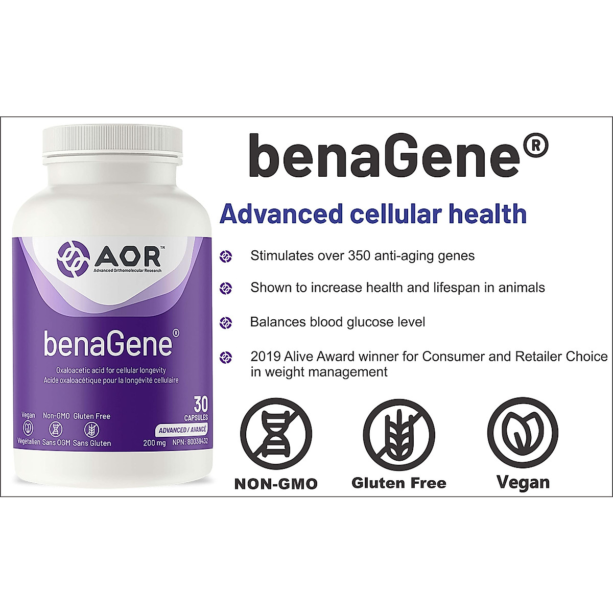 AOR, benaGene, Supports Healthy Aging, Energy and Longevity, Dietary Supplement, 30 servings (30 capsules)