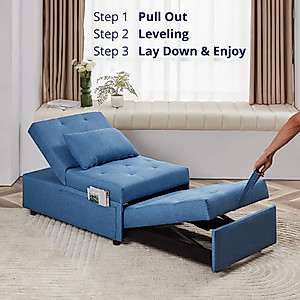 Cozy Castle Sleeper Chair, Convertible Chair Bed, 4 in 1 Ottoman Bed, Pull Out Sofa Bed, Linen Fabric Chaise Lounge, for Living Room/Small Apartment, Dark Grey