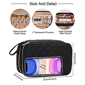MONSTINA Travel Makeup Bag,Double Layer Toiletry Organizer Women Makeup Brush Bag Cosmetic Case Portable Large Wide-open Pouch Brush Holder Purse Bag
