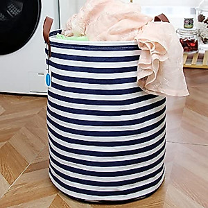 Casaphoria Drawstring Laundry Basket Freestanding with Lid,Lightweight Collapsible Waterproof Canvas Storage Bag with Handle for Livingroom Organizer,Dirty Clothes Hamper for Bedroom,48L Navy Stripe