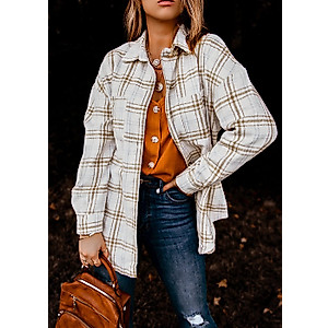 PRETTYGARDEN Women's Fall Clothes Plaid Shacket Jacket Trendy Casual Long Sleeve Button Down Flannel Shirts Fashion Blouse(Plaid Khaki,Medium)