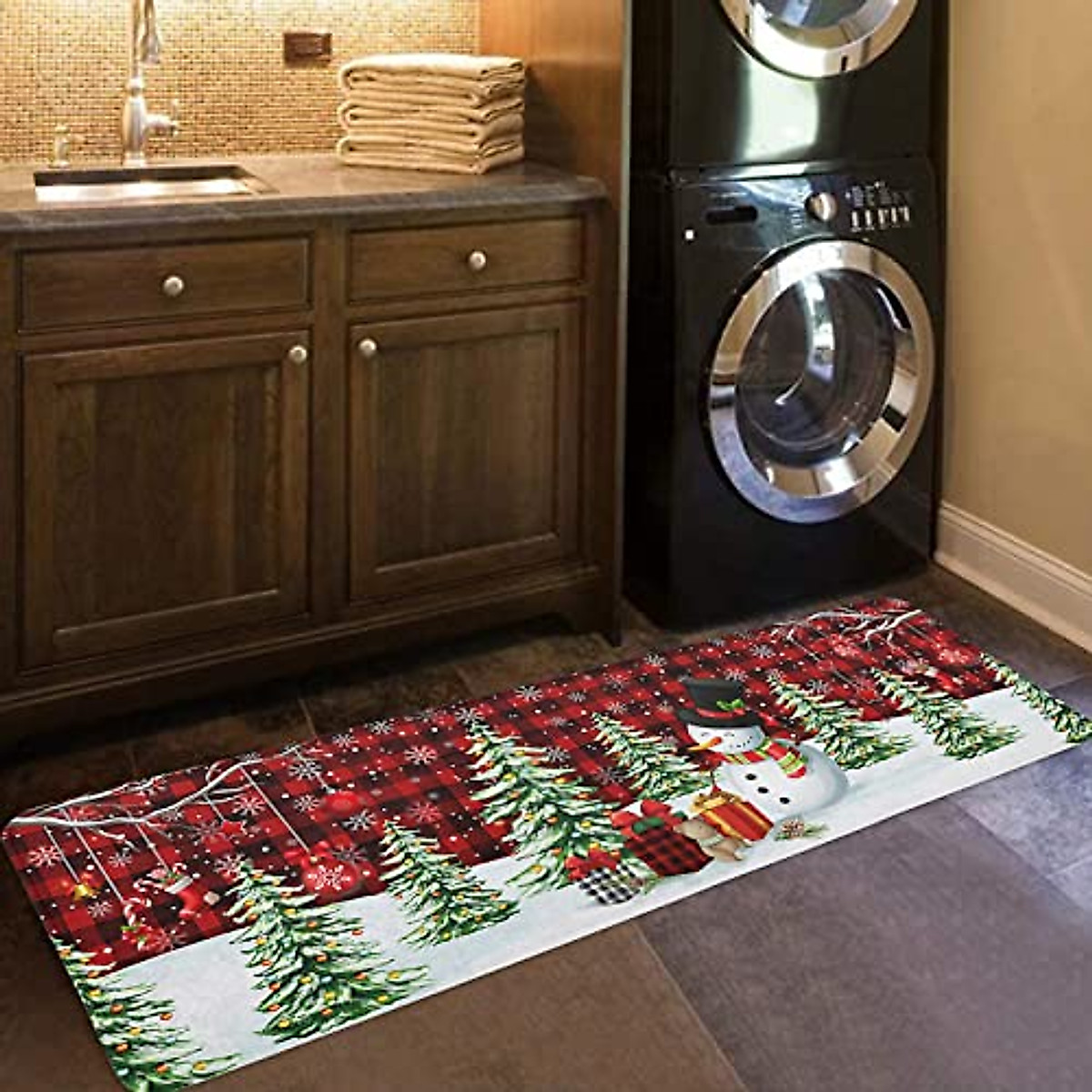 Libaoge Kitchen Mat Rug 1 PCS Christmas Snowman Xmas Tree Red Buffalo Plaid Runner Rug Anti-Fatigue Comfort Memory Foam Standing Mat Non-Slip Floor Door Mat for Bathroom Bedroom 18x59in