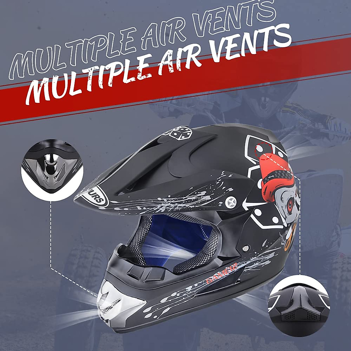 OUMURS Adult Dirt Bike Helmet with Goggles Gloves & Mask Adjustable Sun Visor DOT/FMVSS-218 Motorcycle Adult ATV Helmet Off-Road Motocross Downhill Moped MX for Unisex-Adult-New Black Skull, L