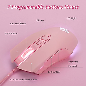 Lomiluskr AJ52 Gaming Mice Wired, Programmable 7 Buttons, Computer Mice with RGB LED Backlit, 500-2750 DPI Adjustable,for Windows/Mac OS/Linux (Pink-Old Packing)