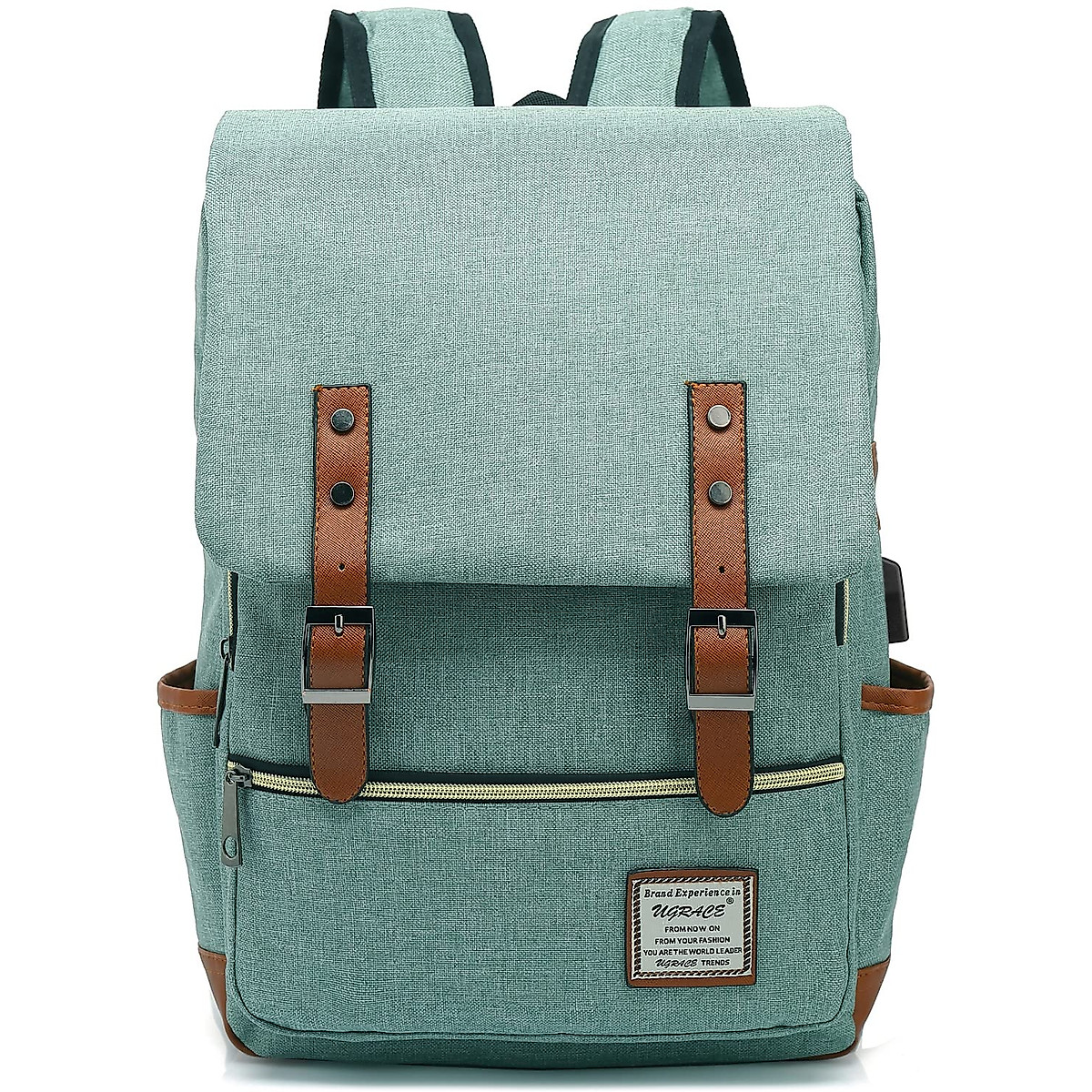 UGRACE Vintage Laptop Backpack with USB Charging Port, Elegant Water Resistant Travelling Backpack Casual Daypacks School Shoulder Bag for Men Women, Fits up to 15.6Inch Laptop in Green