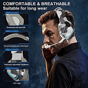 PS4 Headset with Stereo Sound, Gaming Headset for PC Xbox One PS5 Switch, H5 Over Ear Headphones with Noise Cancelling Mic, LED Light, Soft Memory Earmuffs for Laptop Tablet Phone NES Games (Camo)