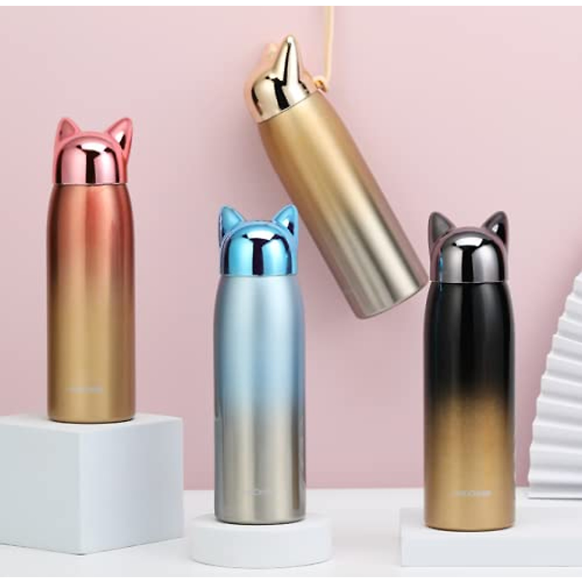 11.2oz/17oz Cat Tumbler Cute Cat Thermos Mug with Pourable Stopper Leak-proof Stainless Steel Double Wall Vacuum Insulated Flask for Kid Women Cat Lovers Gift (Pink Gold(10.5oz))