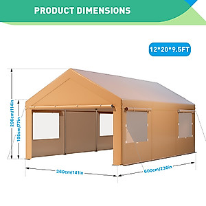 GarveeLife 12x20FT Carport, Portable Garage with Sidewalls, Doors and Ventilated Windows, UV Resistant and Waterproof, Heavy Duty Carport for Car, Bike, Boat, Party (Yellow)