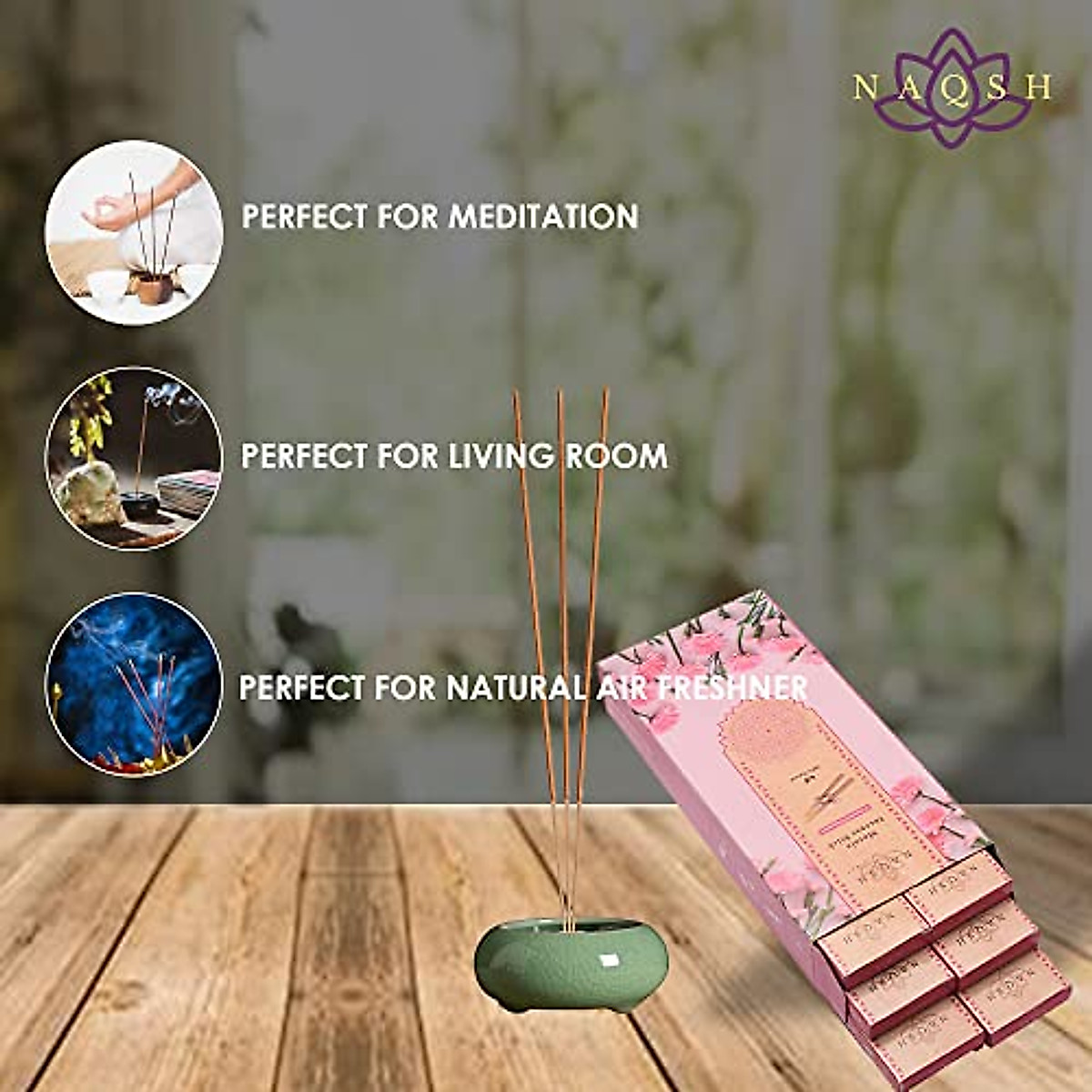 NAQSH Masala Incense Sticks 125gm - 6x20 Pack, Total 120 Sticks 100% Organic Hand Rolled Natural Fragrances with Free Wood Holder for Aromatherapy & Meditation, Yoga, Positivity & Relax (Rose)