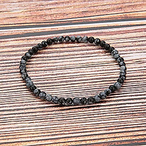 BALIBALI 4MM Mini Gemstone Energy Bracelets Tiny Bracelet Natural Stone Statement Bracelet Charm Beaded Couples Bracelets (Snowflake Obsidian)