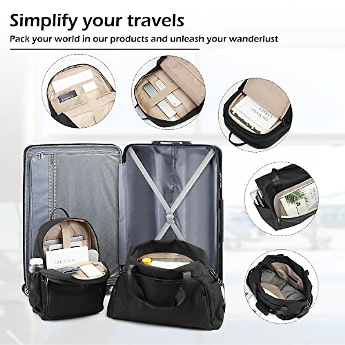 COOLIFE Luggage Expandable Suitcase PC+ABS 3 Piece Set with TSA Lock Spinner Carry on 20in24in28in(Black, 3 piece set)