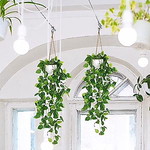 FIAHOSEY Faux Plants Indoor - 2Pcs Fake Hanging Potted Pothos Plant for Home Decor Artificial Greenery for Bedroom Living Room Office Garden Wall Shelf Decor