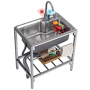 Free Standing Utility Sink Single Bowl Stainless Steel Sink w/Cold and Hot Water Pipe Faucet/Storage Shelve for Outdoor Garage Commercial Restaurant Kitchen Laundry Room 26.7"x17.3"