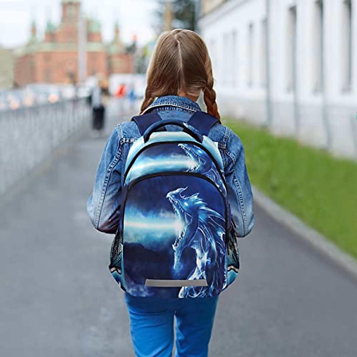 Angry Dragon School Backpacks with Chest Strap for Teens Boys Girls,Lightweight Student Bookbags 17 Inch, Blue Casual Daypack Schoolbags