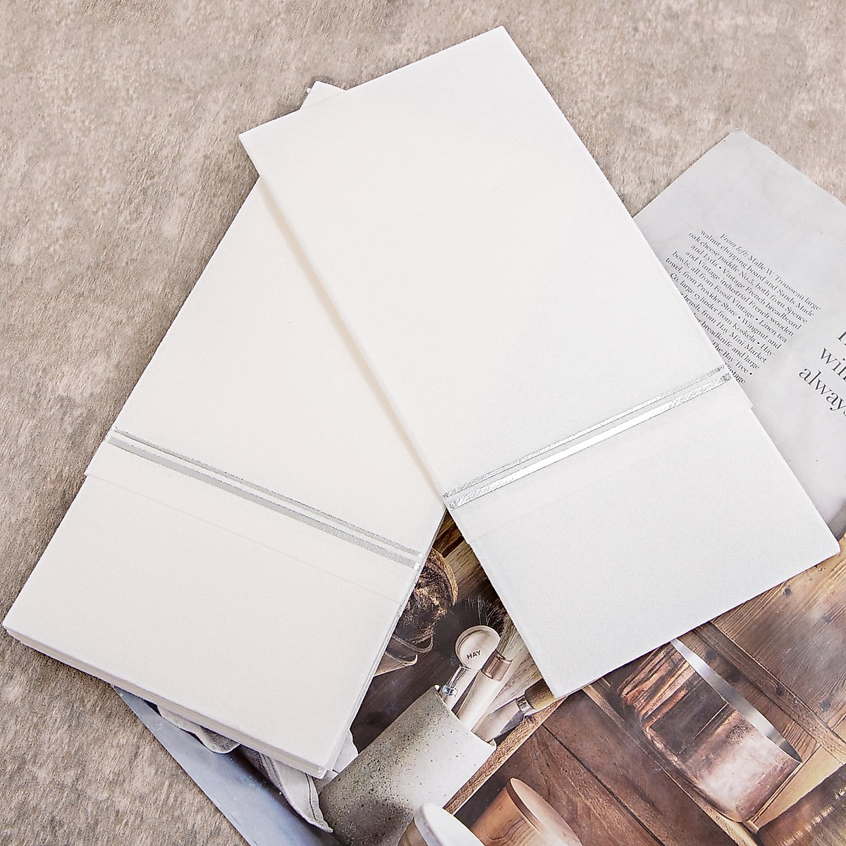 Nervure 100PCS Silver Paper Napkins with Built-in Flatware Pocket - White and Silver Prefolded Cloth Like Disposable Napkins - Heavy-duty Linen-Feel Dinner Napkins for Party & Wedding & Dinner