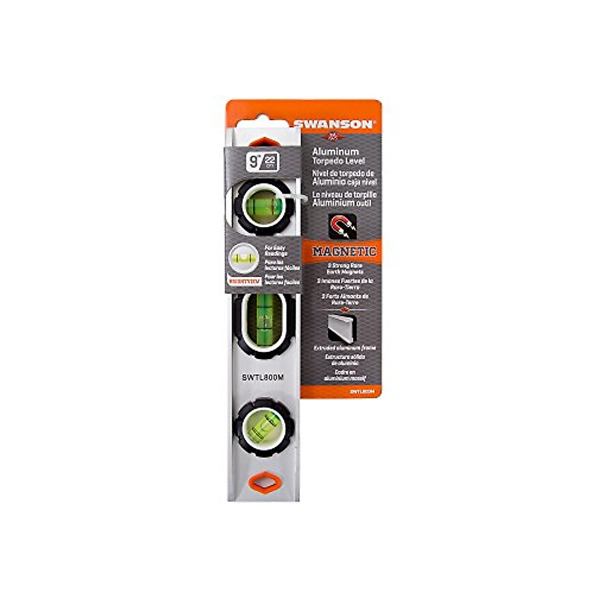 Swanson Tool Co SWTL800M 9 inch Extruded Aluminum Torpedo Level with 3 Rare Earth Magnets and 3 Bubble Vials for 0°/90°/45° Measurements