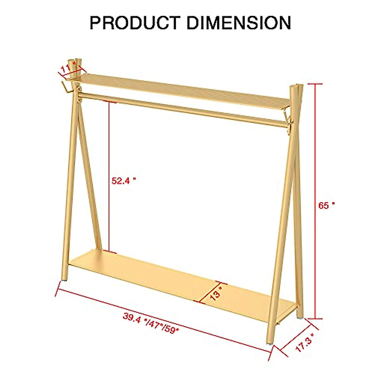 Clothes rack Gold, Freestanding Industrial Garment Rack with Double shelves Multi-functional Bedroom Hanging Clothing Rack,Heavy Duty Movable Coat Rack for Organizing Clothes and Shoes (59'' L)