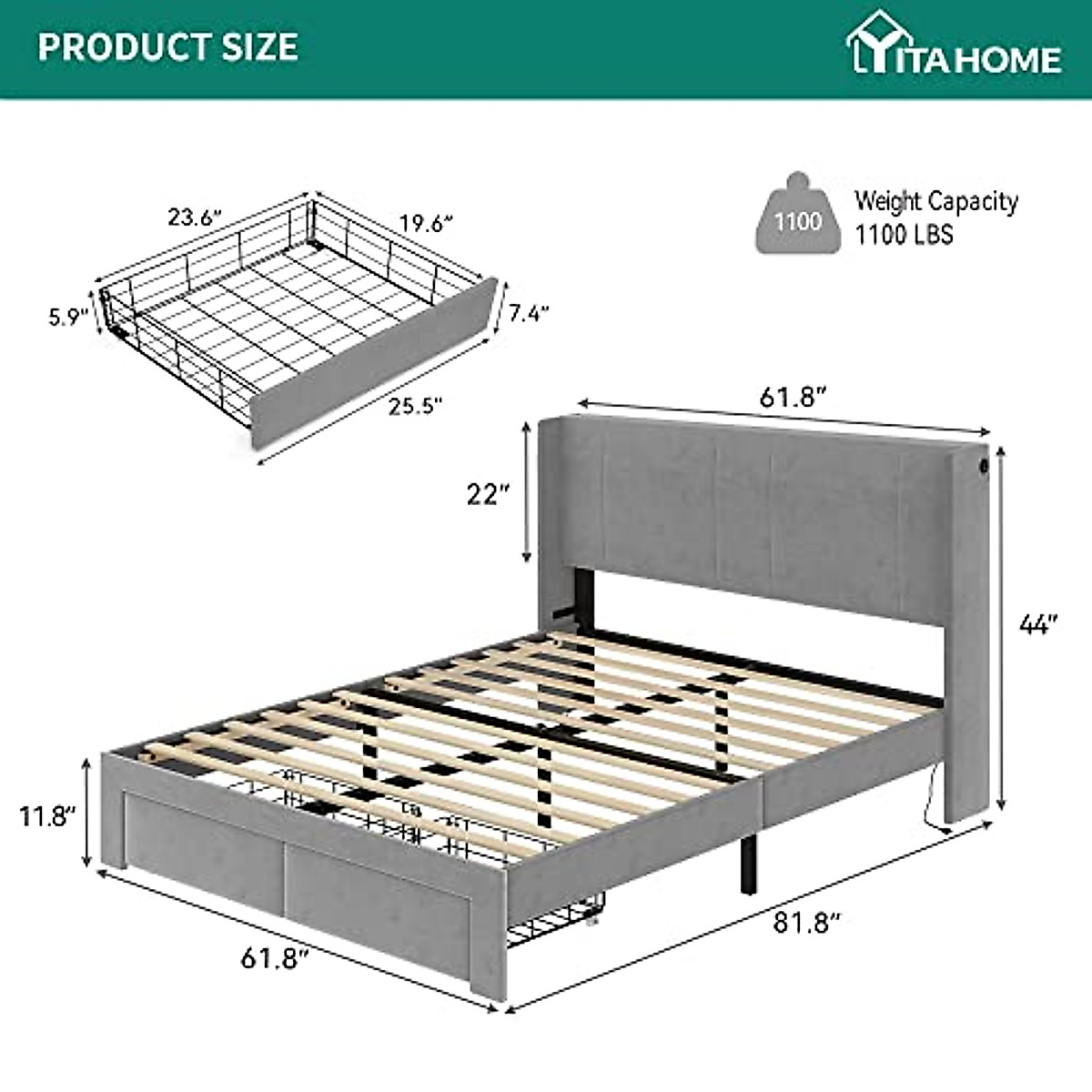 YITAHOME Queen Bed Frame with Storage Drawers, Upholstered Headboard, USB Charging Ports, Wood Slats Support, Grey