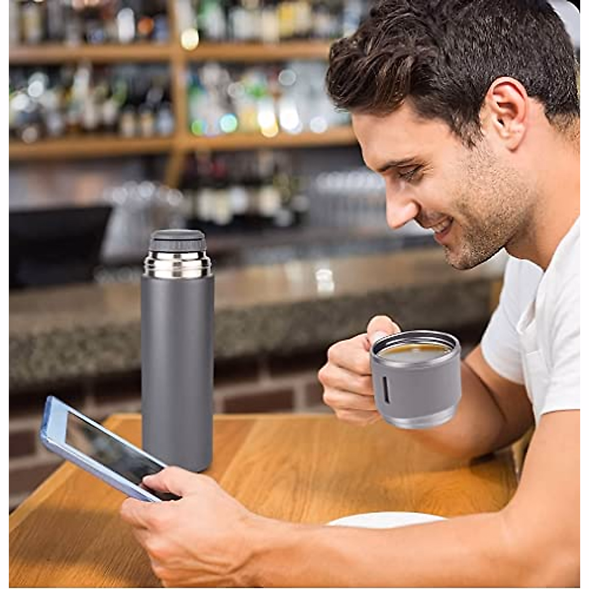 Stainless Steel Thermo + 3 cup, 500ml/16.9oz (Grey, Black, Blue) ADVANTAGE SET Gray 2.5 x 2.5 x 9.3 inch