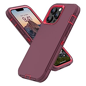 For iPhone 13 Pro Max Case with Full Body Protection, iPhone 12 Pro Max Case Heavy Duty Shockproof 3 in 1 Silicone Rubber with Hard PC Rugged Durable Phone Cover for 13ProMax 6.7 Inch. (Burgundy)