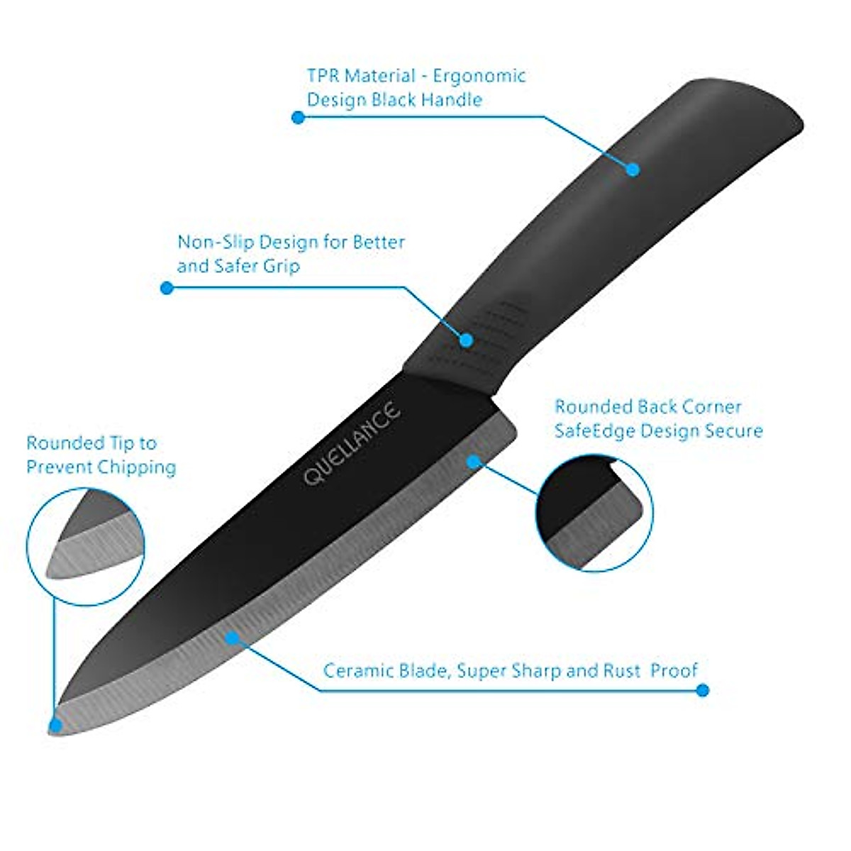 QUELLANCE Ceramic Chef Knife, Ultra Sharp Professional 6-Inch Ceramic Kitchen Chef's Knife with Sheath Cover, Perfect Sharp Knife for Cutting Boneless meats, Sashimi, Fruits and Vegetables (Black)