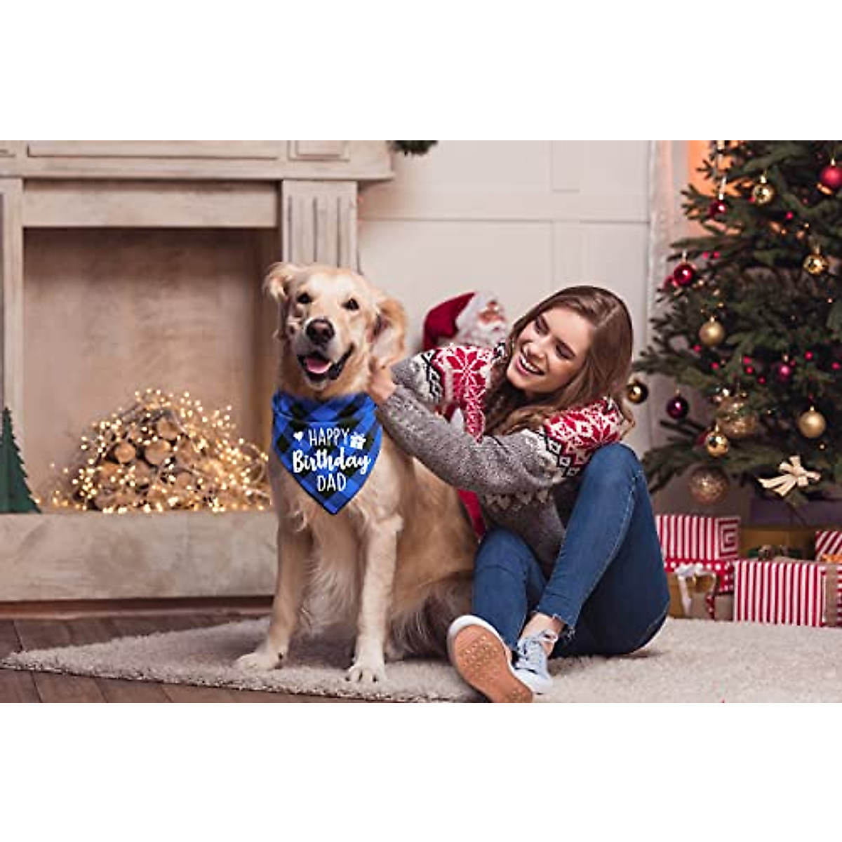 Ptzizi Funny Blue Plaid Happy Birthday Dad Dog Printed Triangle Bandana, Small Medium Large Boy Pet Dog Birthday Party Scarf Bib Accessories for Pet Dog Lovers Gift