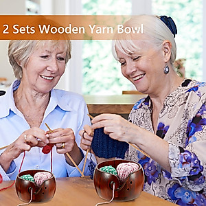 2 Sets Wooden Yarn Bowl Crochet Bowl Bamboo Handmade Knitting Wool Storage Round Rosewood Yarn Bowl with Holes 12 Pieces Crochet Hooks for Knitting Crocheting DIY Arts Crafts Tools Supplies
