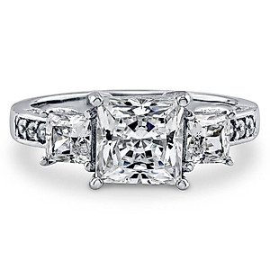 BERRICLE Sterling Silver 3-Stone Wedding Engagement Rings Princess Cut Cubic Zirconia CZ Ring for Women, Rhodium Plated Size 7.5