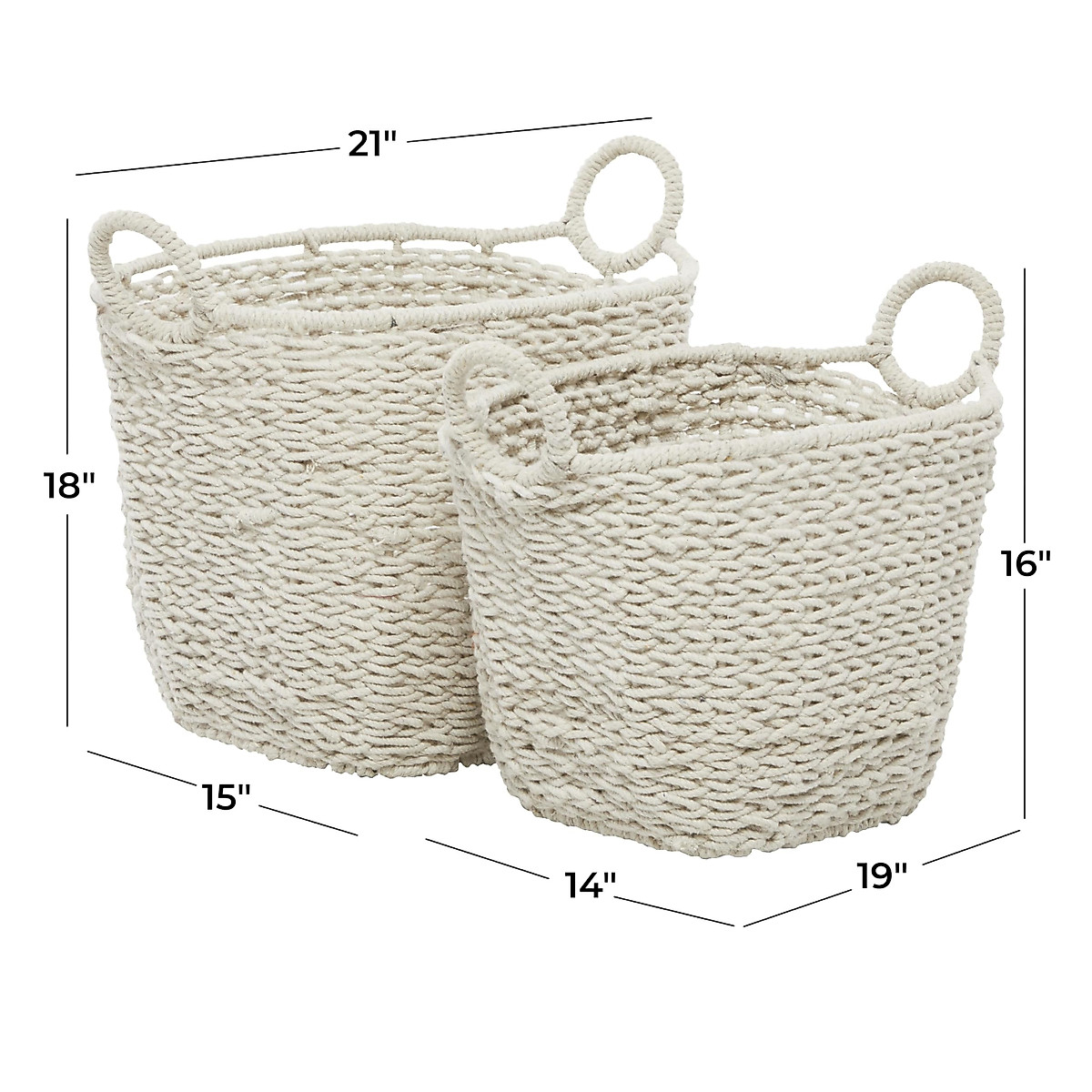 CosmoLiving by Cosmopolitan Cotton Fabric Handmade Decorative and Functional Storage Basket Basket Organizer with Handles, Set of 2 Basket for Storage 16", 18"H, White