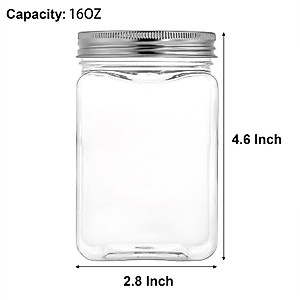 Bekith 16 Pack Clear Plastic Jars With Screw On Lids, 16 OZ Airtight Containers for Food Storage, Refillable Square Empty Plastic Storage Jars for Dry Food, Peanut Butter, Honey, BPA Free
