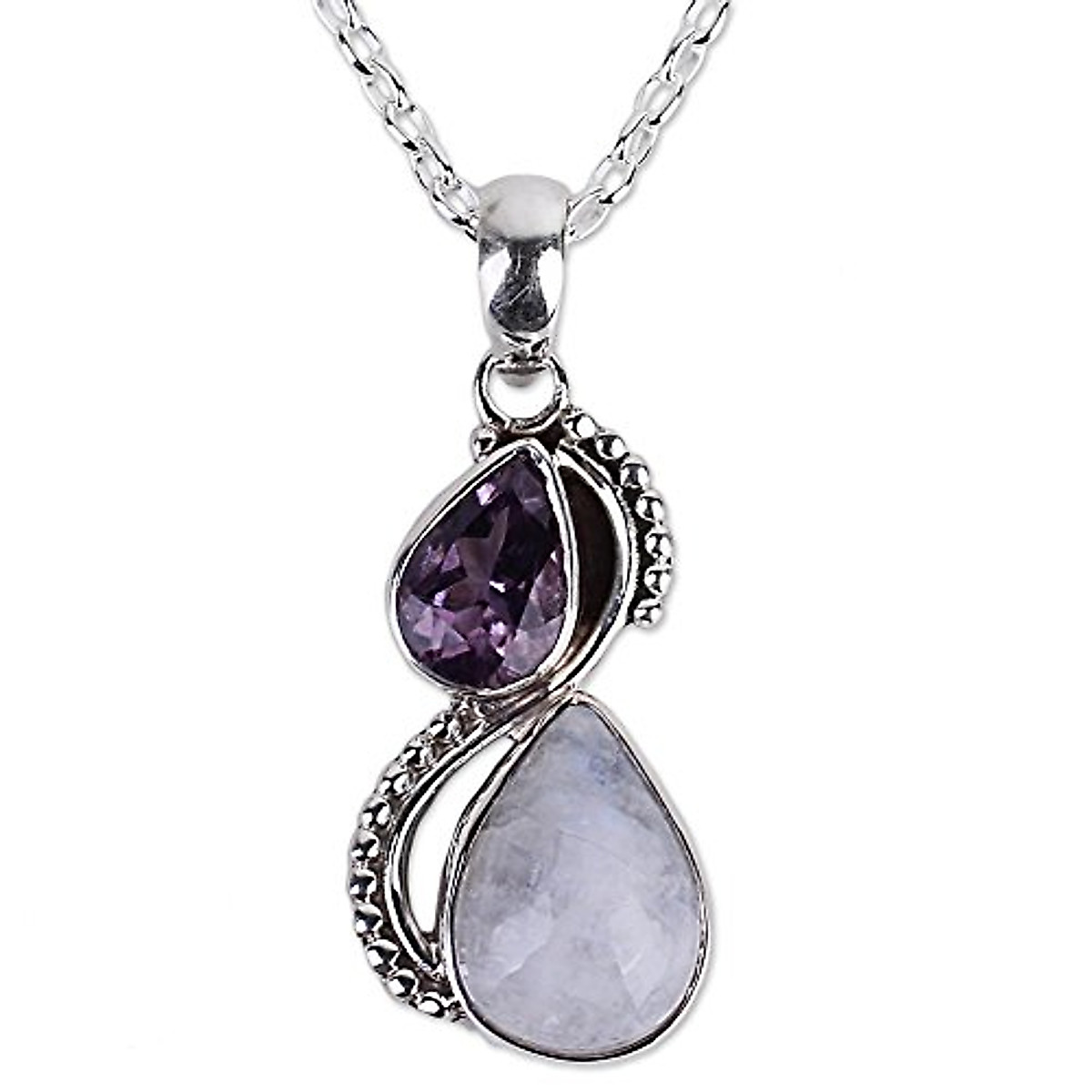 NOVICA Artisan Handcrafted Amethyst Rainbow Moonstone Pendant Necklace | Sterling Silver Teardrop Pendant Necklace | Silver with Faceted Sterling Clear Purple from India Two Teardrop Necklace