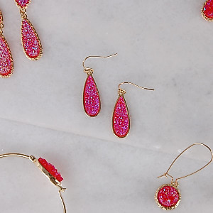 Humble Chic Simulated Druzy Drop Dangles - Sparkly Long Teardrop Dangly Earrings for Women, Gold - Hot Pink Stone