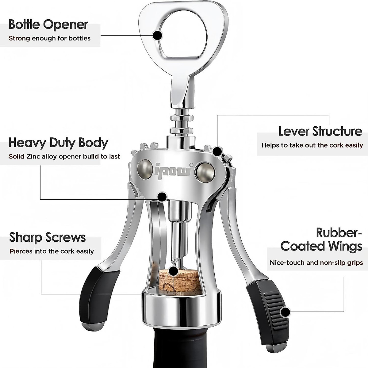 IPOW Wine Opener, Zinc Alloy Wine Bottle Opener, Wing Corkscrew Heavy Duty, Manual Multifunctional Cork Screw for Waiter, Silver