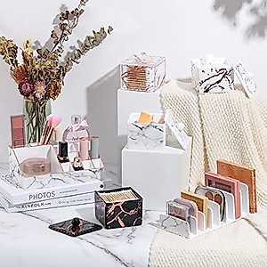 Lewondr Cotton Swab Dispenser with Lid, Marble Q-tip Storage Box Cotton buds Holder Bathroom Vanity Countertop Organizer Canister Jar for Cotton Swabs/Balls, Makeup Sponges, Bath Salts-Black Rose Gold