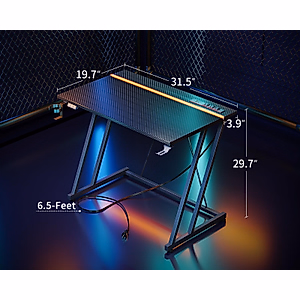 MOTPK Small Gaming Desk with LED Lights & Power Outlet, Computer Desk 31.5inch for Small Space, Cheap Gaming Table with Carbon Fiber Texture, Kids Desk Gift for Boys Men, Black