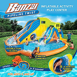 Banzai Pipeline Twist Kids Inflatable Outdoor Backyard Waterpark Activity Play Center: Baby Pool, Blow Up Pool with Outdoor Slide, and a Fun Clubhouse