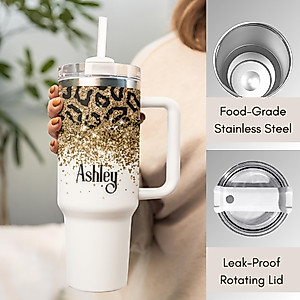 Personalized 40 oz Tumbler With Handle And Straw Lid Cheetah Print Glitter - Leopard Print Stainless Steel Insulated Travel Mug – Tumbler Gift For Women Mom Friend Teacher Nurse Her Birthday Christmas
