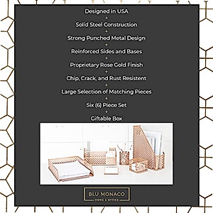 BLU MONACO 6 Piece Rose Gold Desk Organizer Set - Desk Sets- Office Set- Rose Gold Desk Accessories - Desktop Organization
