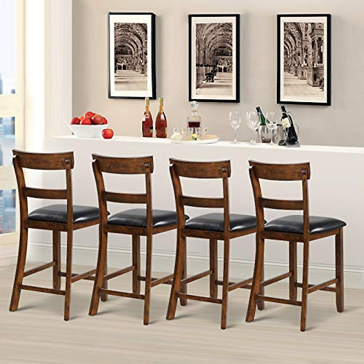 COSTWAY Barstools Set of 4, 25.5-Inch Counter Height Chair with Backrest, Foam-padded Cushion, Rubber Wood Legs, Wooden Vintage Dining Chair for Bistro, Living Room, Kitchen, Brown and Black